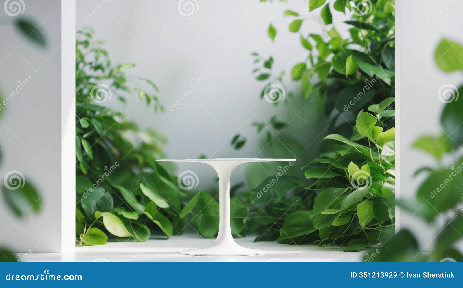 Elegant White Display Stand with Lush Greenery Stock Image - Image of ...