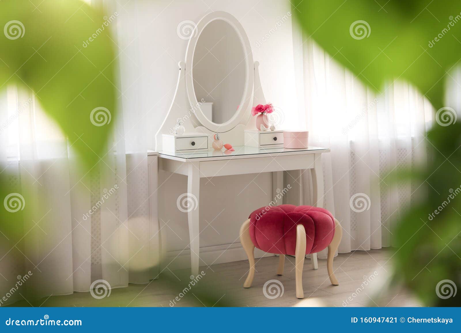 Elegant White Dressing Table and Pouf in Room Stock Image - Image of ...