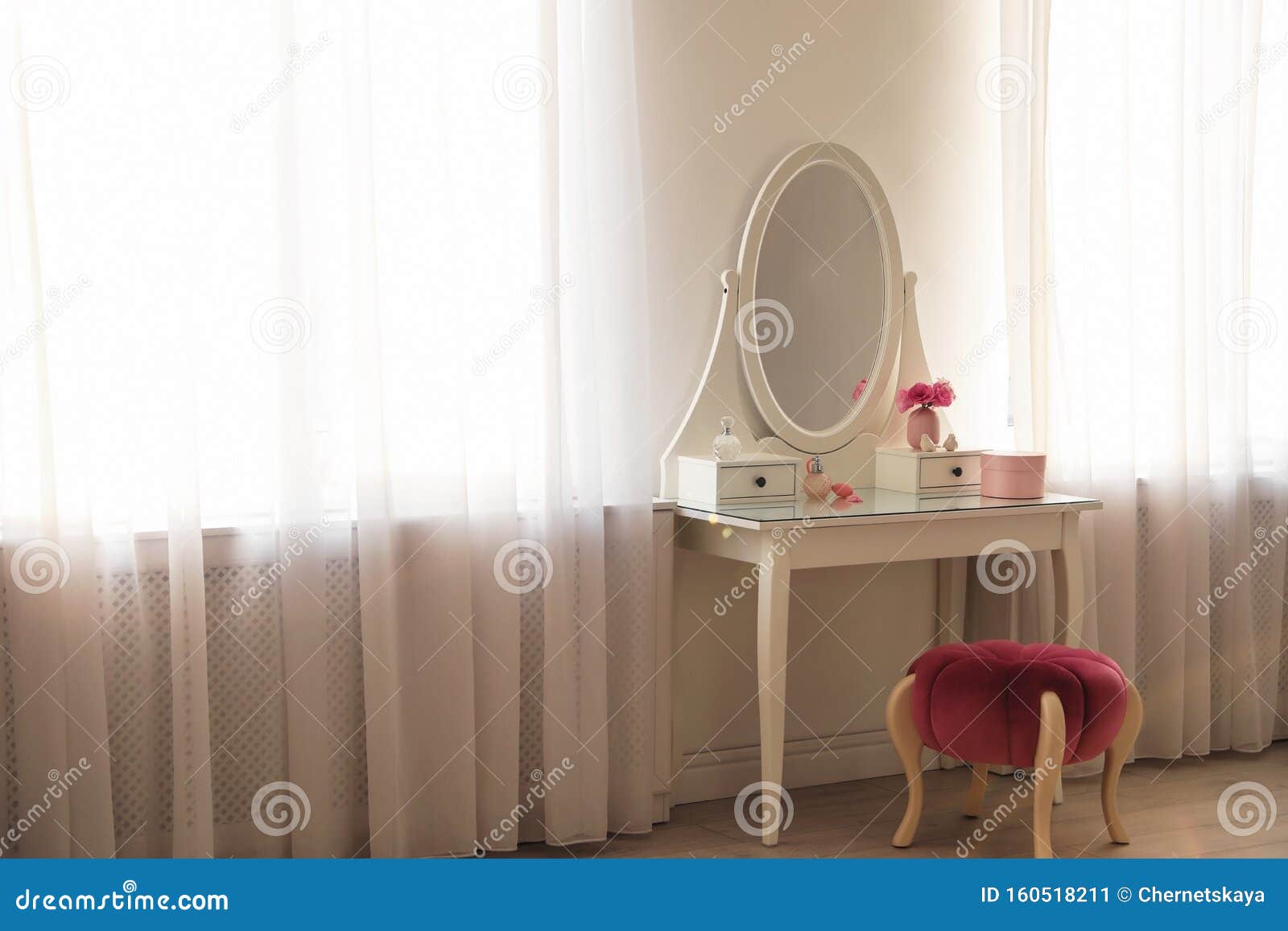 Elegant White Dressing Table and Pouf in Room Stock Image - Image of ...