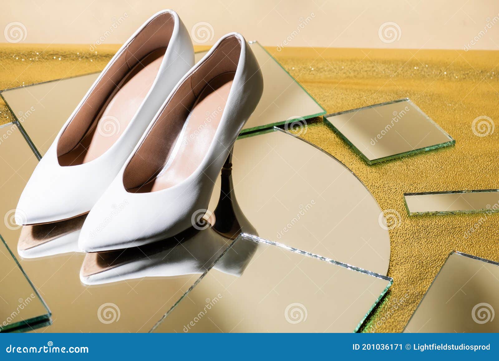 Elegant White Heeled Shoes on Mirror Stock Image - Image of luxury ...