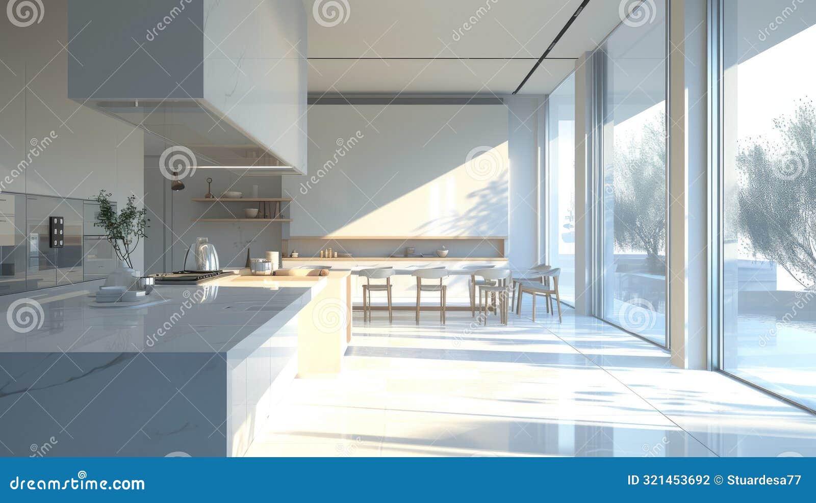 Elegant White Kitchen with Large Windows and Natural Light Stock Photo ...