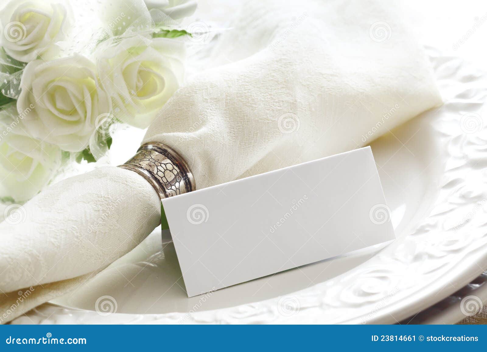 Elegant White Place Setting with Card Stock Image - Image of setting ...