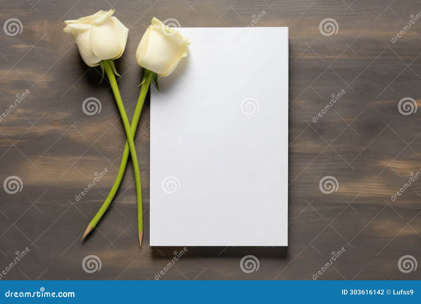 Elegant White Roses with Blank Paper on Wood Backgraund Stock Photo ...