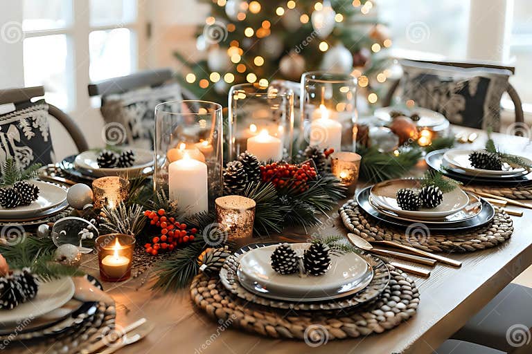 Elegant Winter Solstice Table Setting with Candles and Pinecones Stock ...