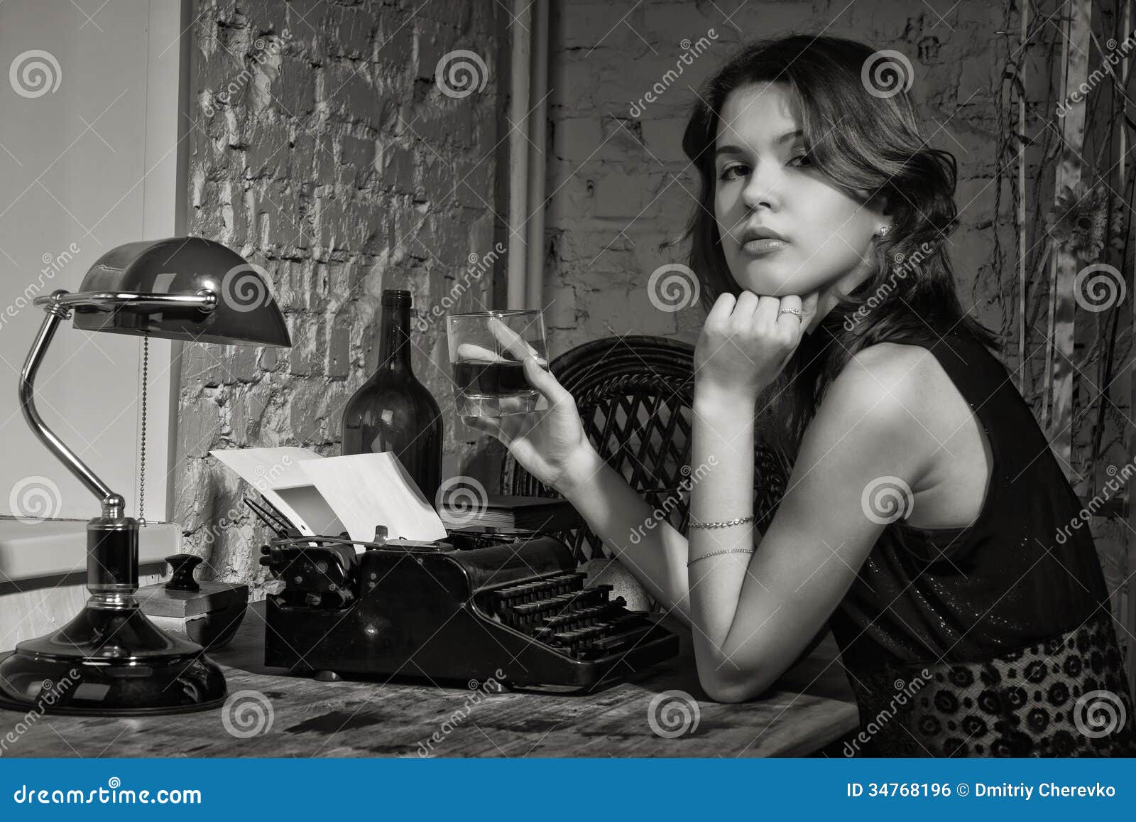 Elegant Woman in Black with the Old Typewriter Stock Photo - Image of ...