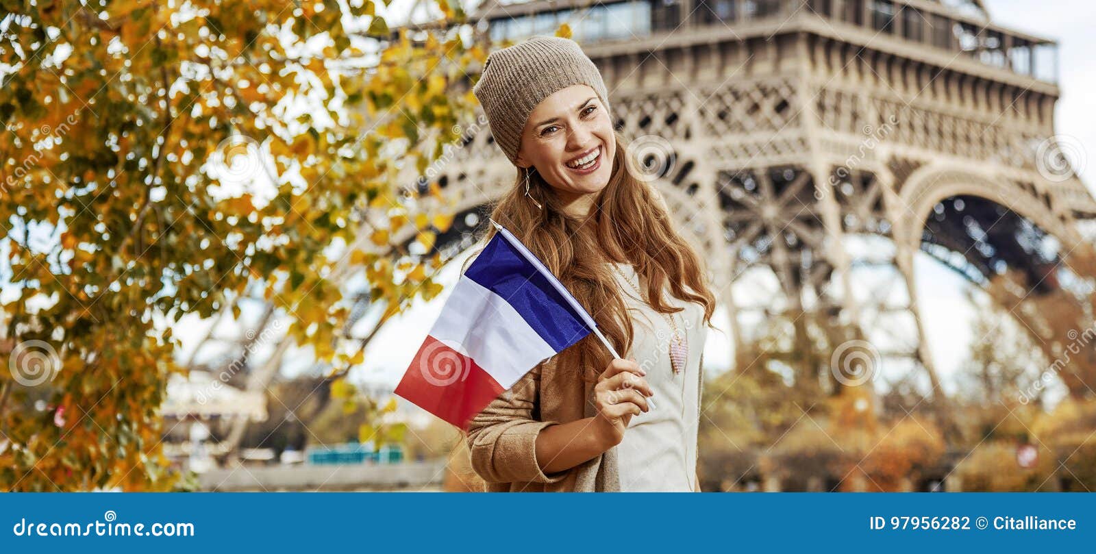 Elegant Woman on Embankment Near Eiffel Tower Showing Flag Stock Photo ... Elegant Woman on Embankment Near Eiffel Tower Showing Flag Stock Photo ...