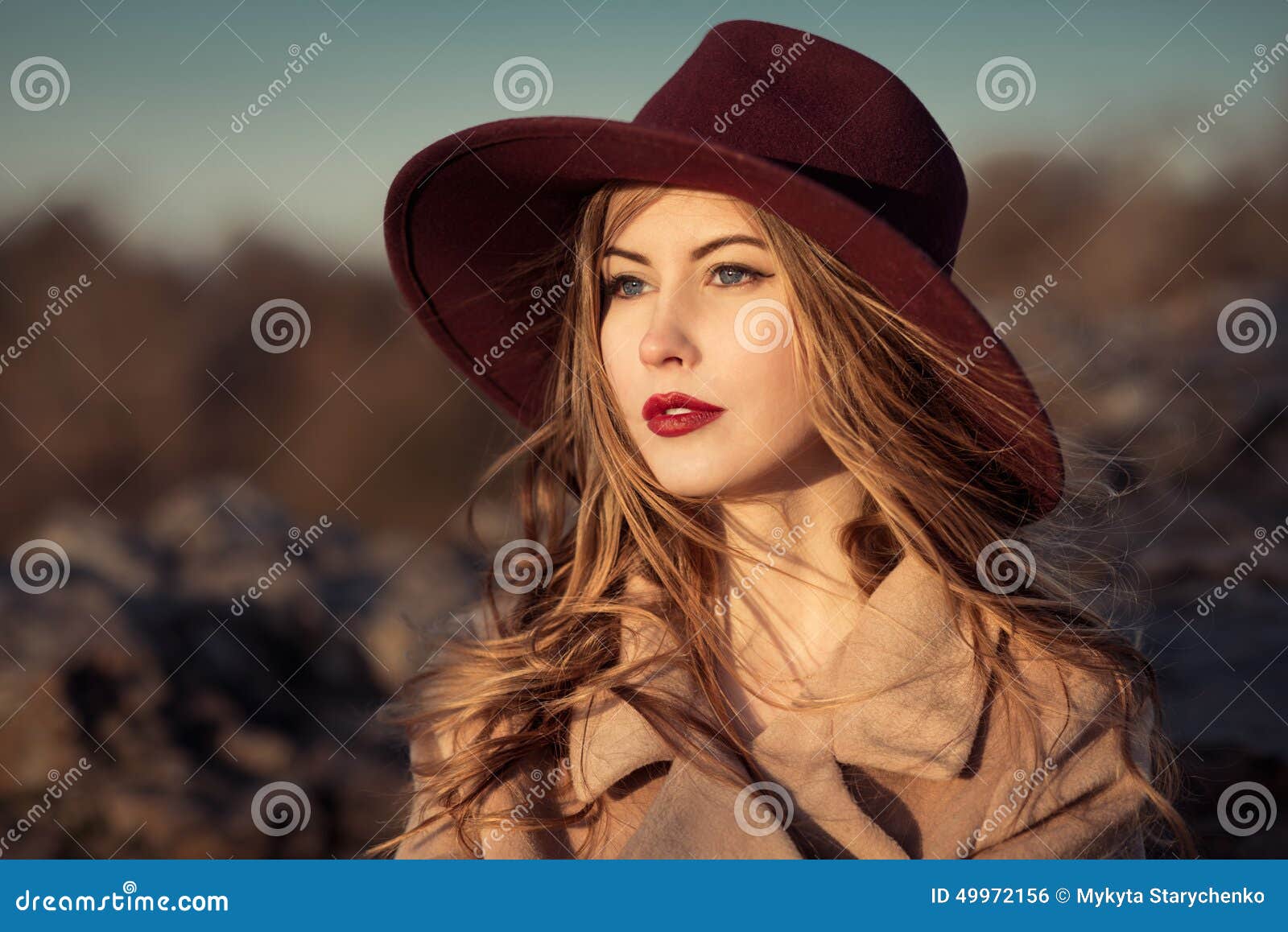 Elegant Woman with Red Lips in Hat Stock Photo - Image of adorable ...