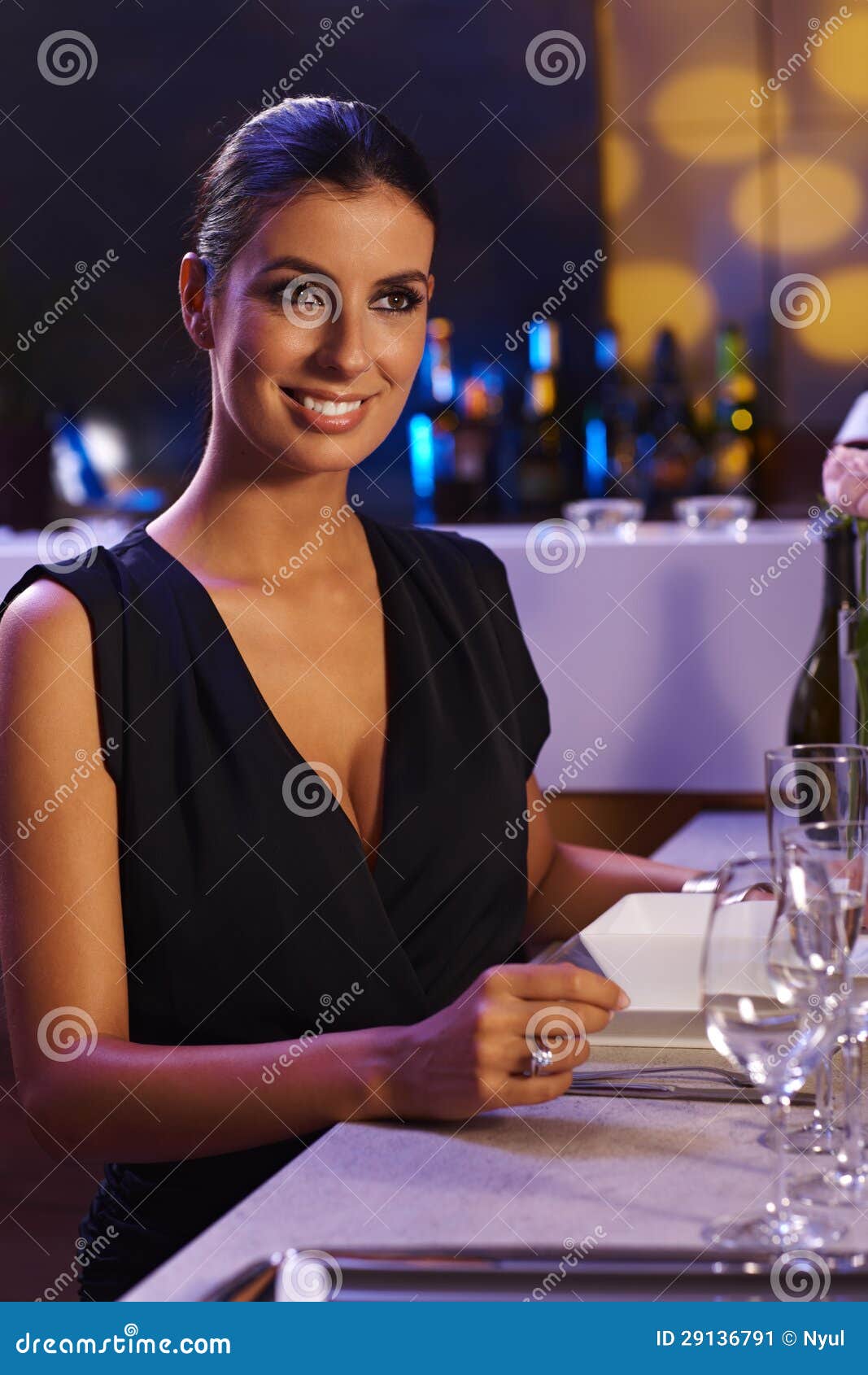 Elegant Woman Sitting at Dinner Table Stock Image - Image of beautiful ...