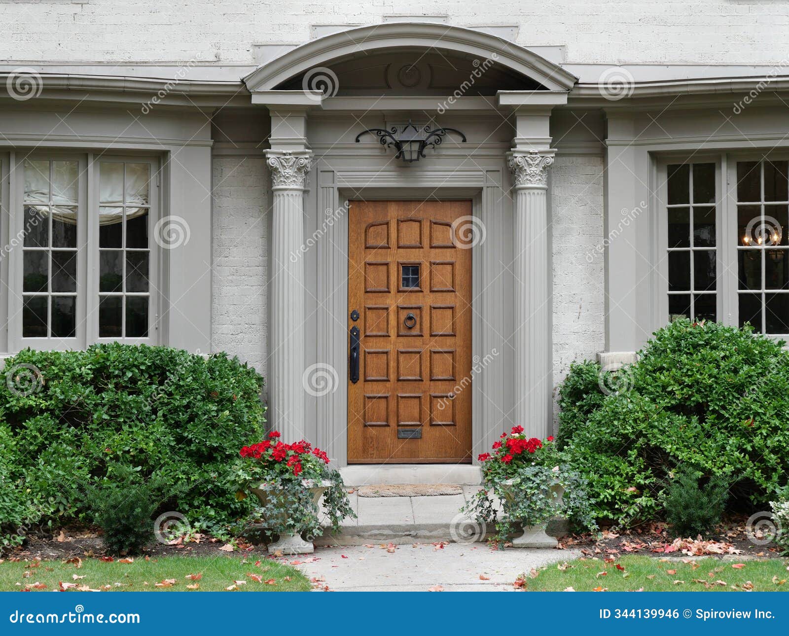 Elegant Wood Grain Front Door and Columns Stock Photo - Image of ...