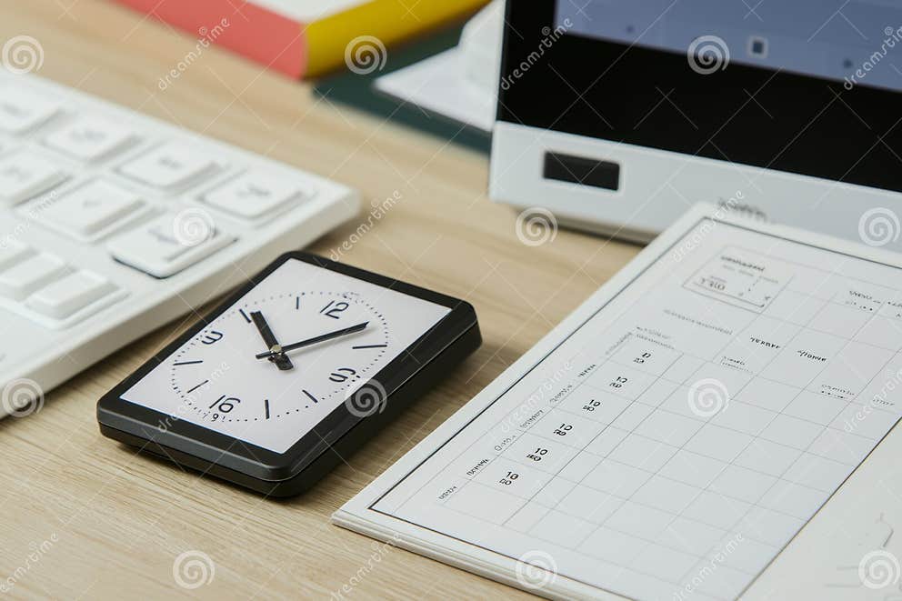 Elegant Workspace Featuring a Clock, Calendar, and Computer in a Modern ...