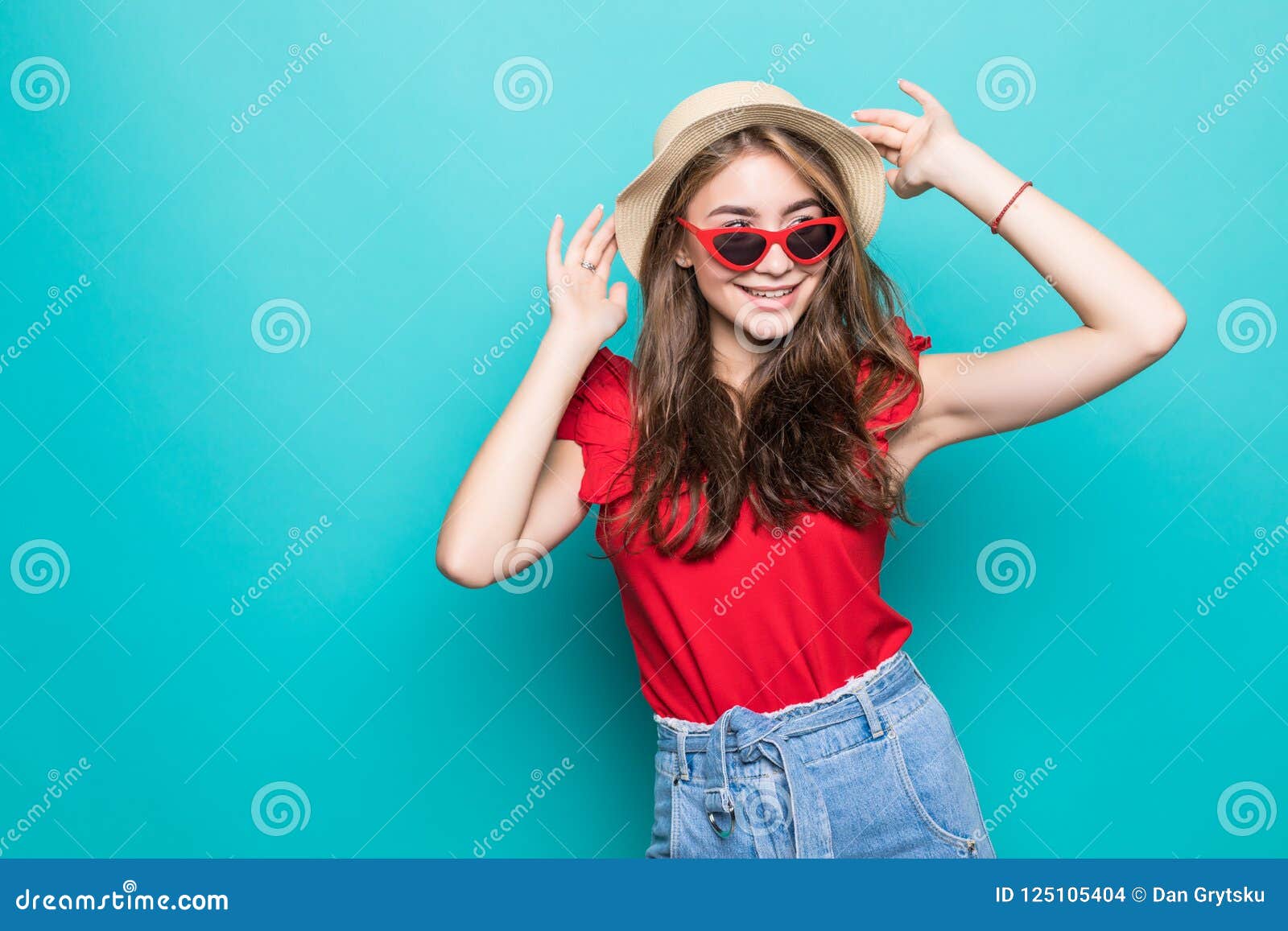 Elegant Young Attractive Woman Wearing Summer Dress Straw Hat And