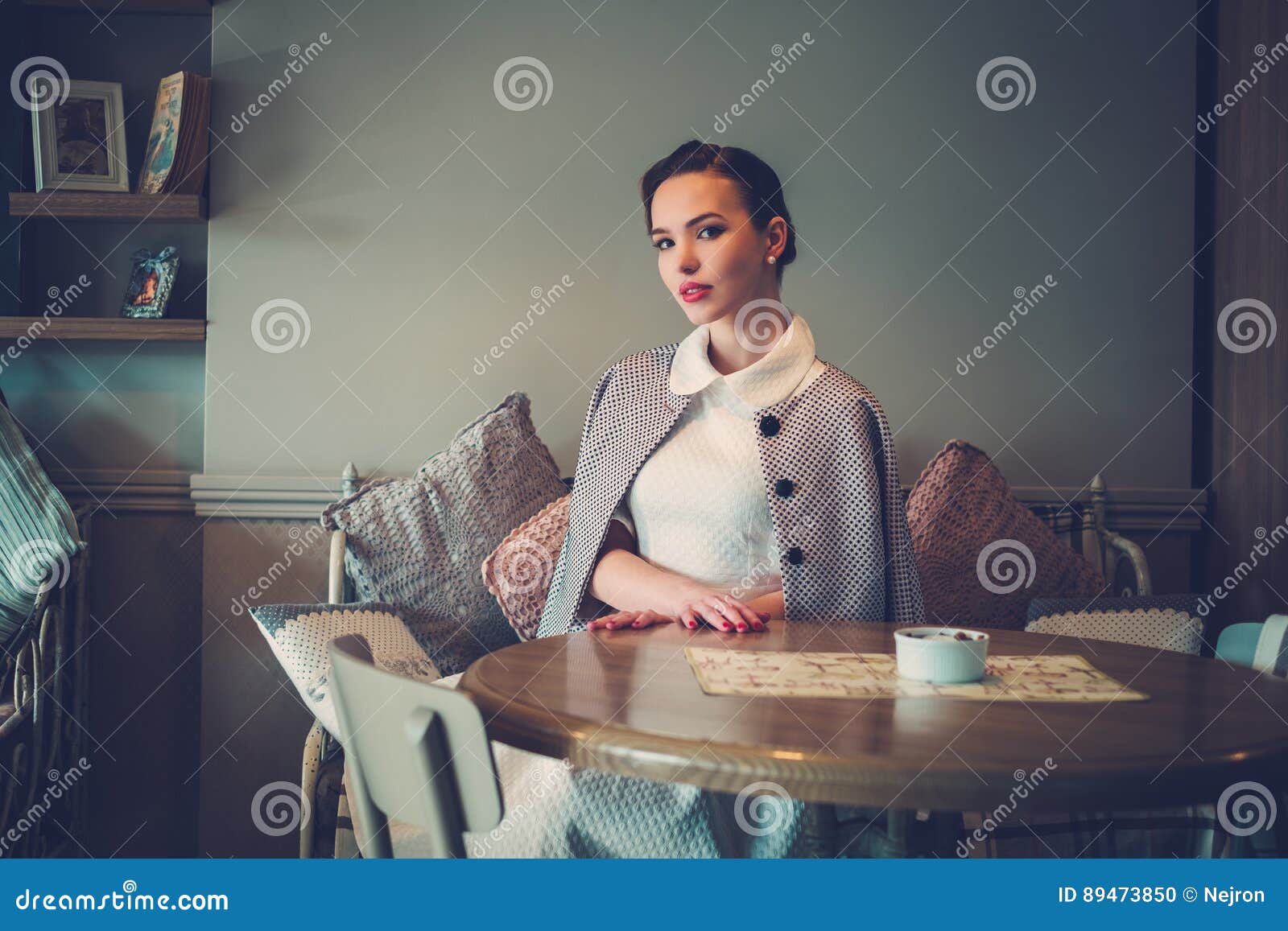 Elegant Young Lady Alone in a Cafe Stock Photo - Image of glamour ...
