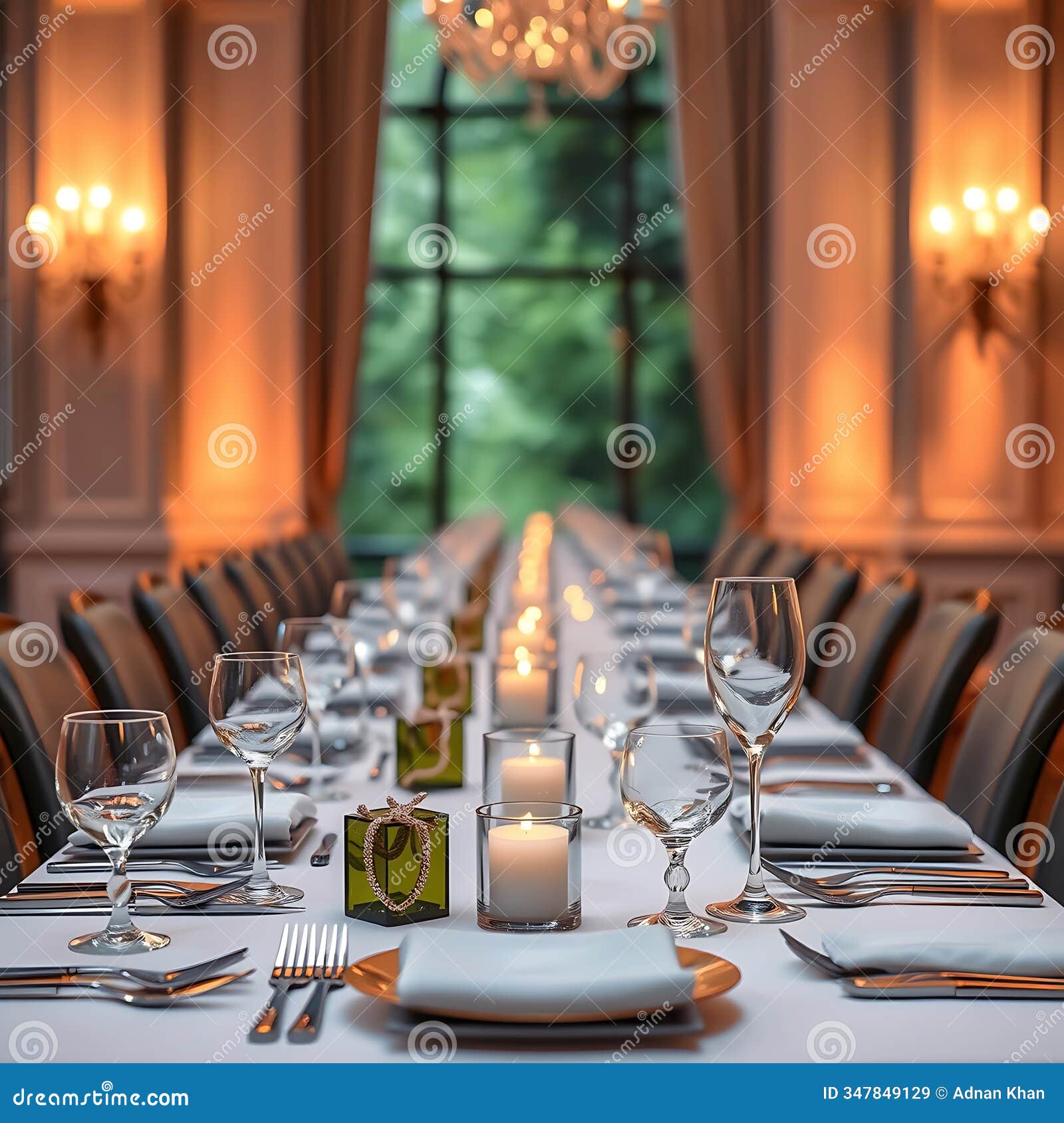 An Elegantly Set Long Dining Table for a Fine Dining Event with ...