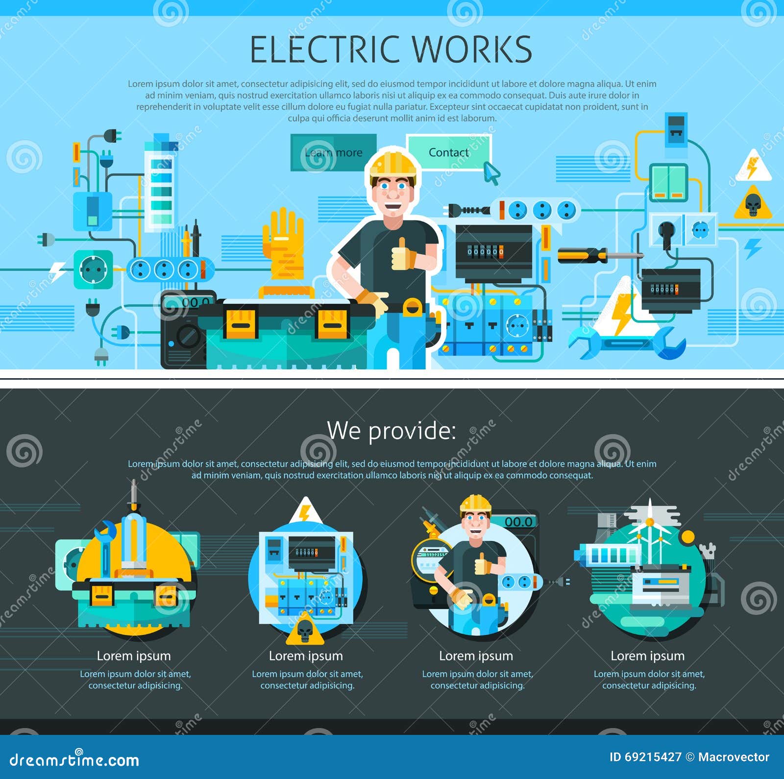 Elektriker One Page Design stock illustrationer. Illustration av ström ...
