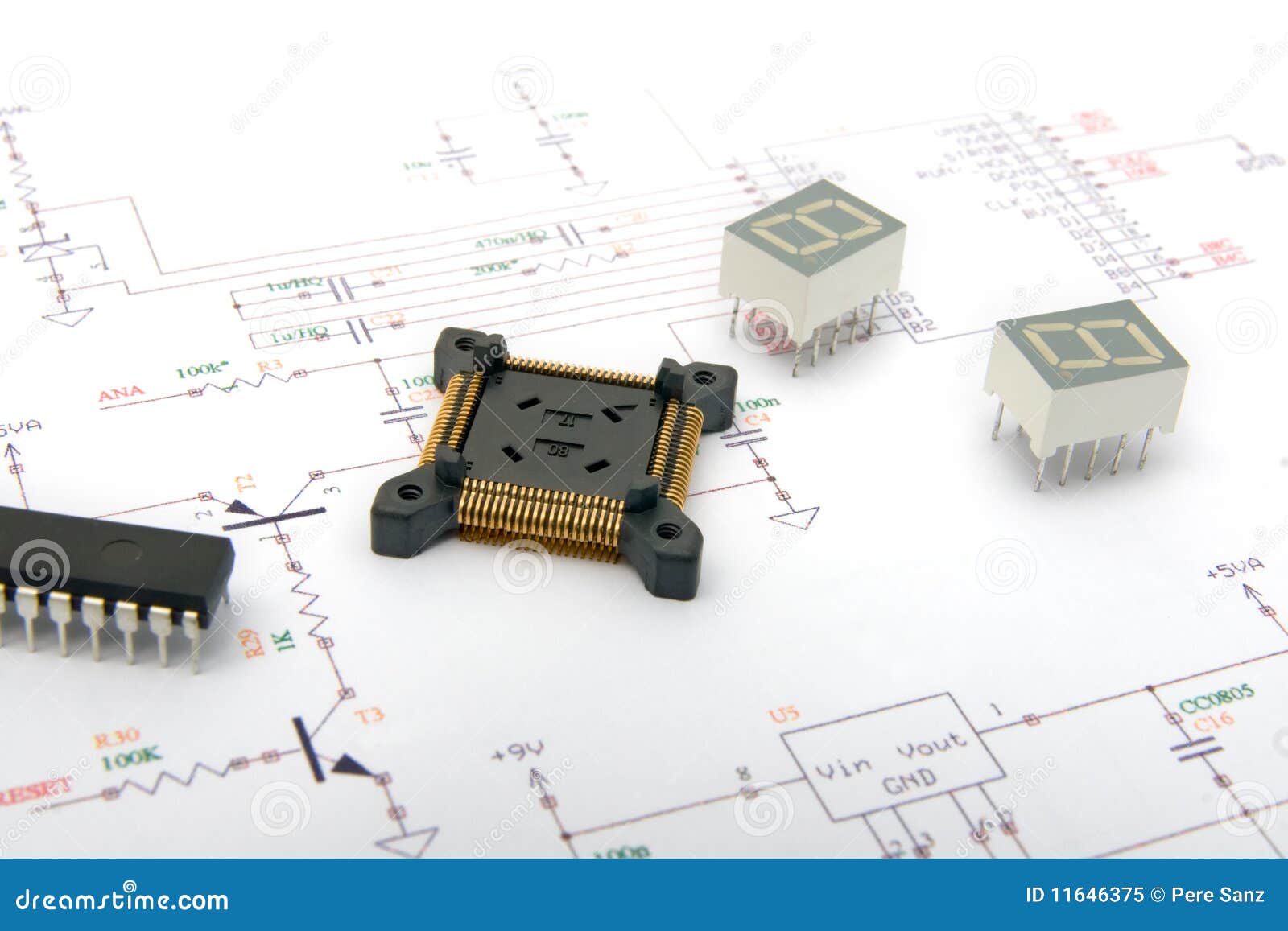 Elektronische Componenten Op Schematische Tekeningen Stock Afbeelding ...