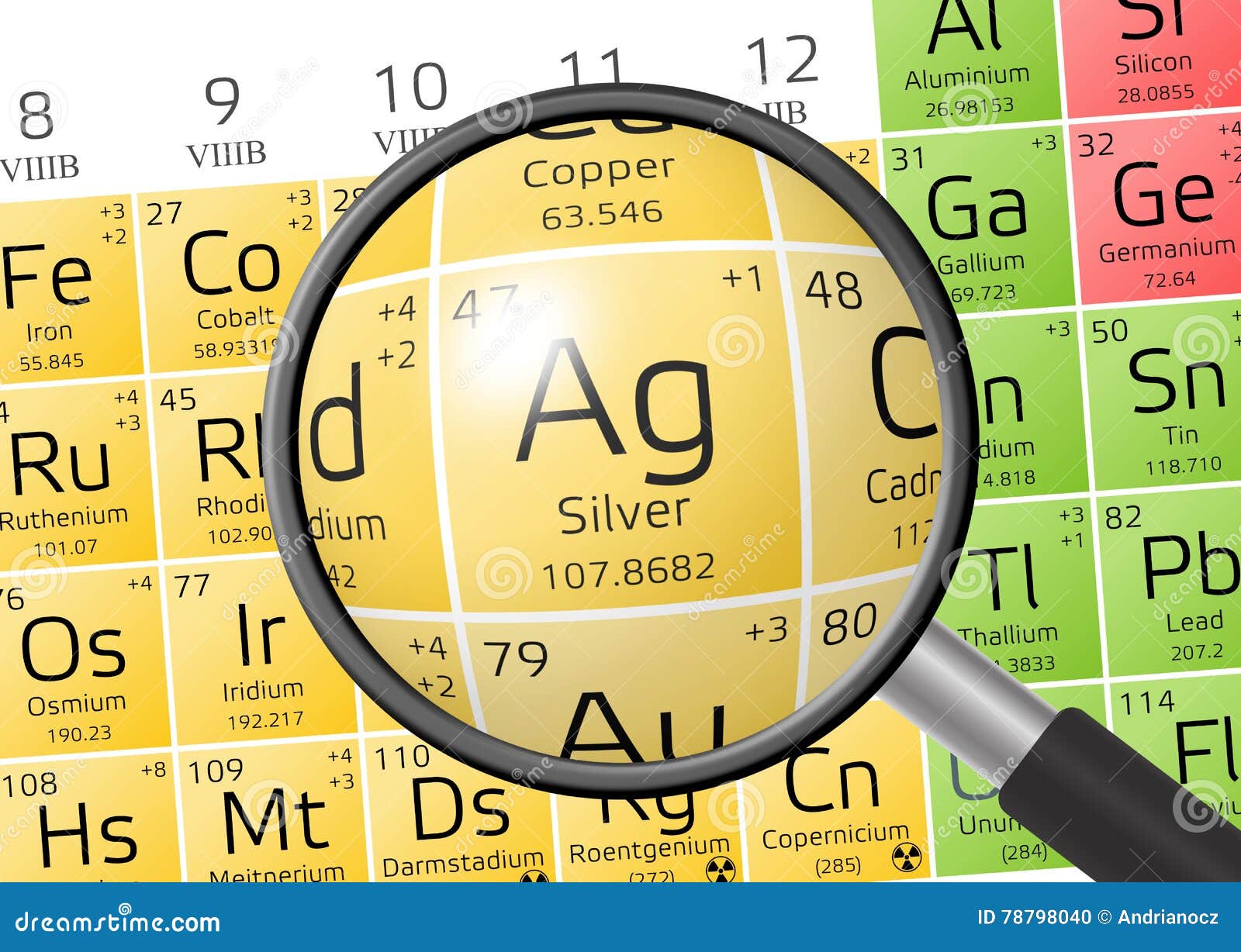 Element of Argentum or Silver with Magnifying Glass Stock Illustration ...