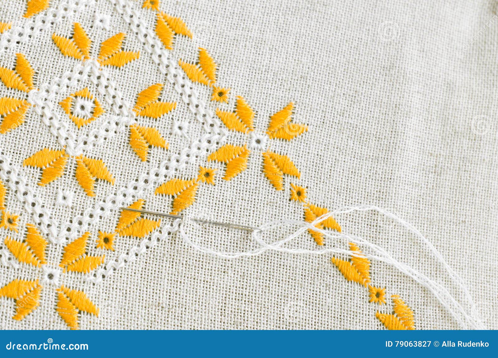 Element Handmade Embroidery by Yellow and White Cotton Threads. Vintage ...