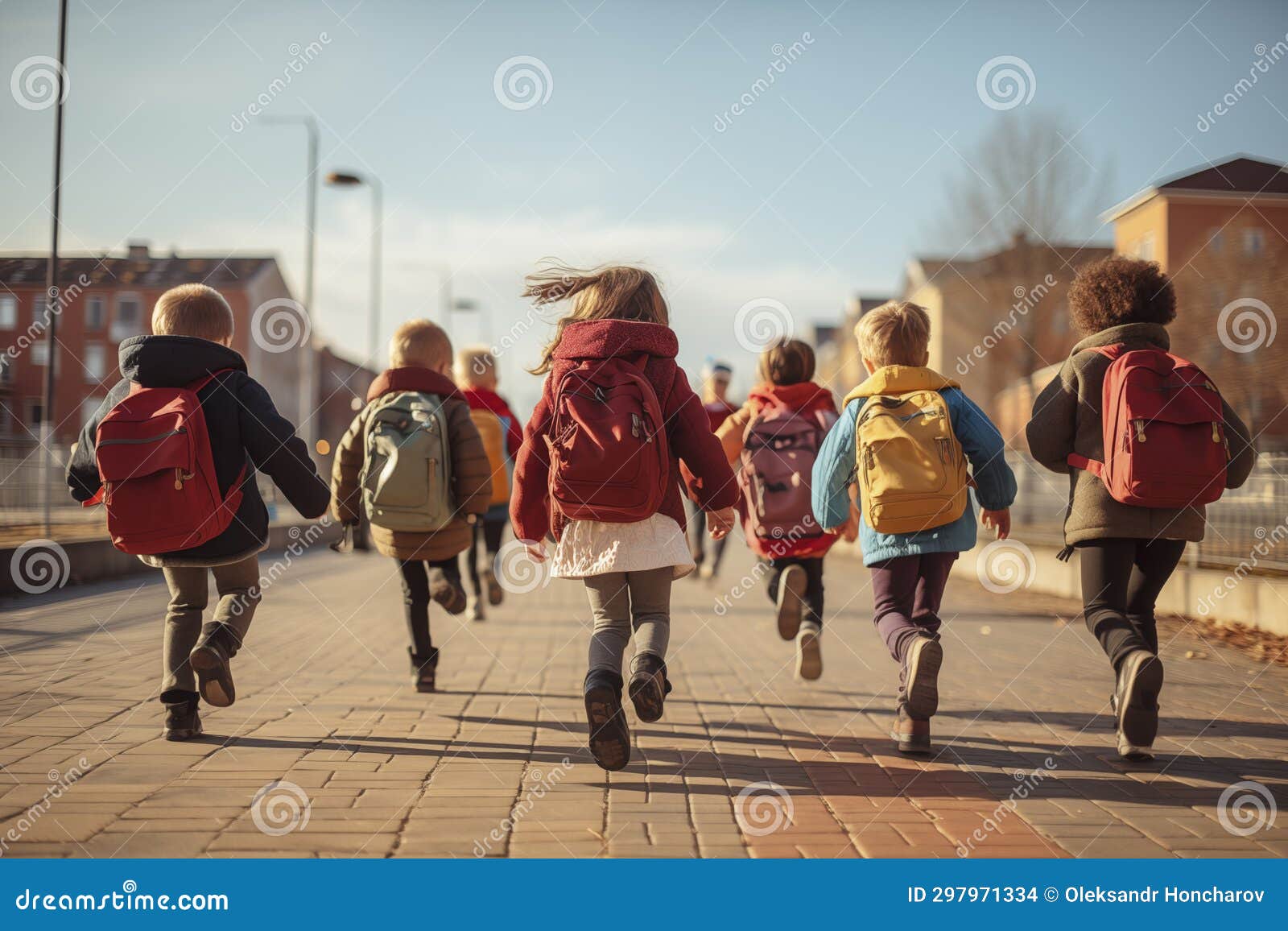 Elementary School Children, with Multi-colored Backpacks, Run in the ...
