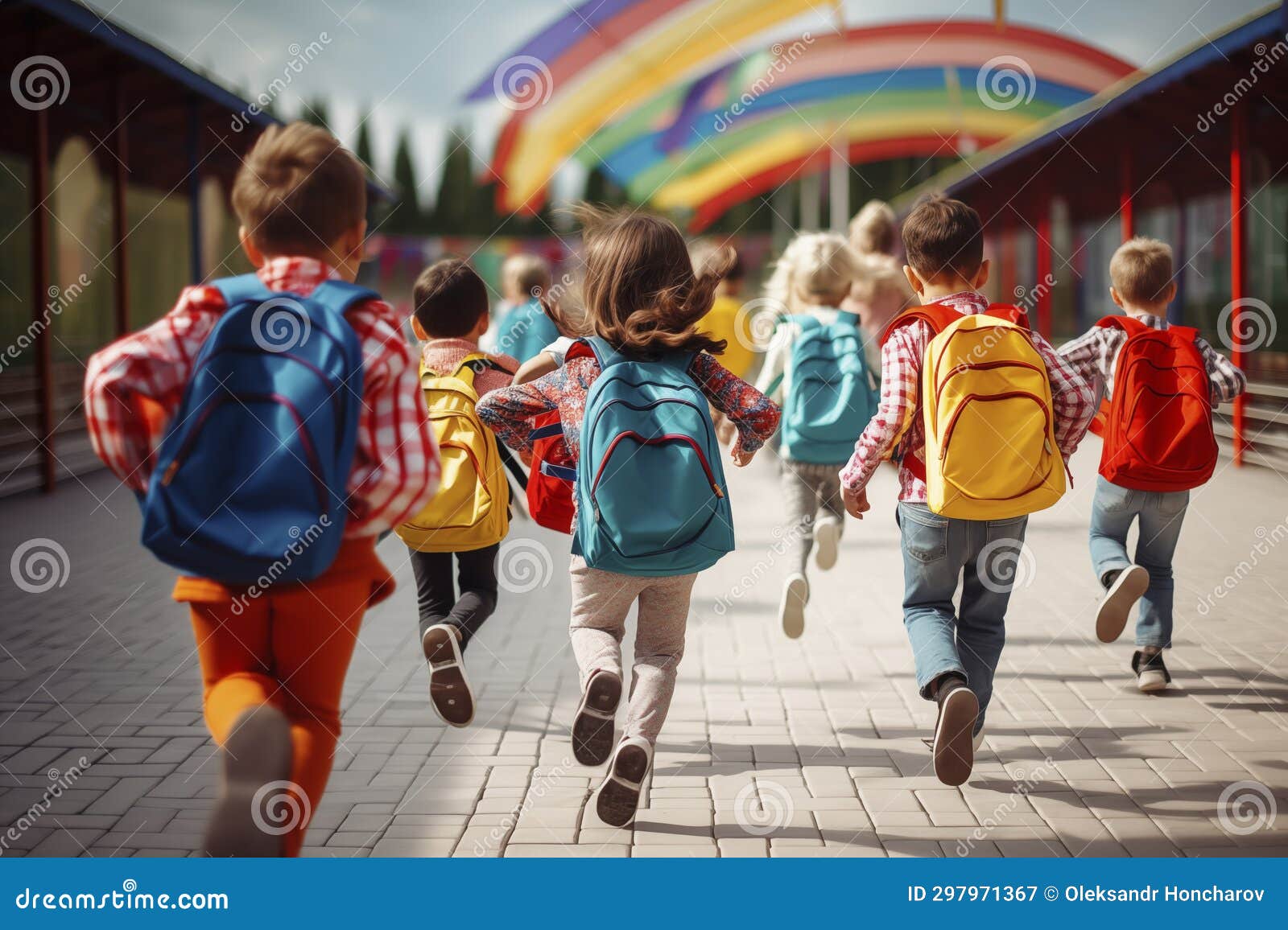 Elementary School Children, with Multi-colored Backpacks, Run in the ...