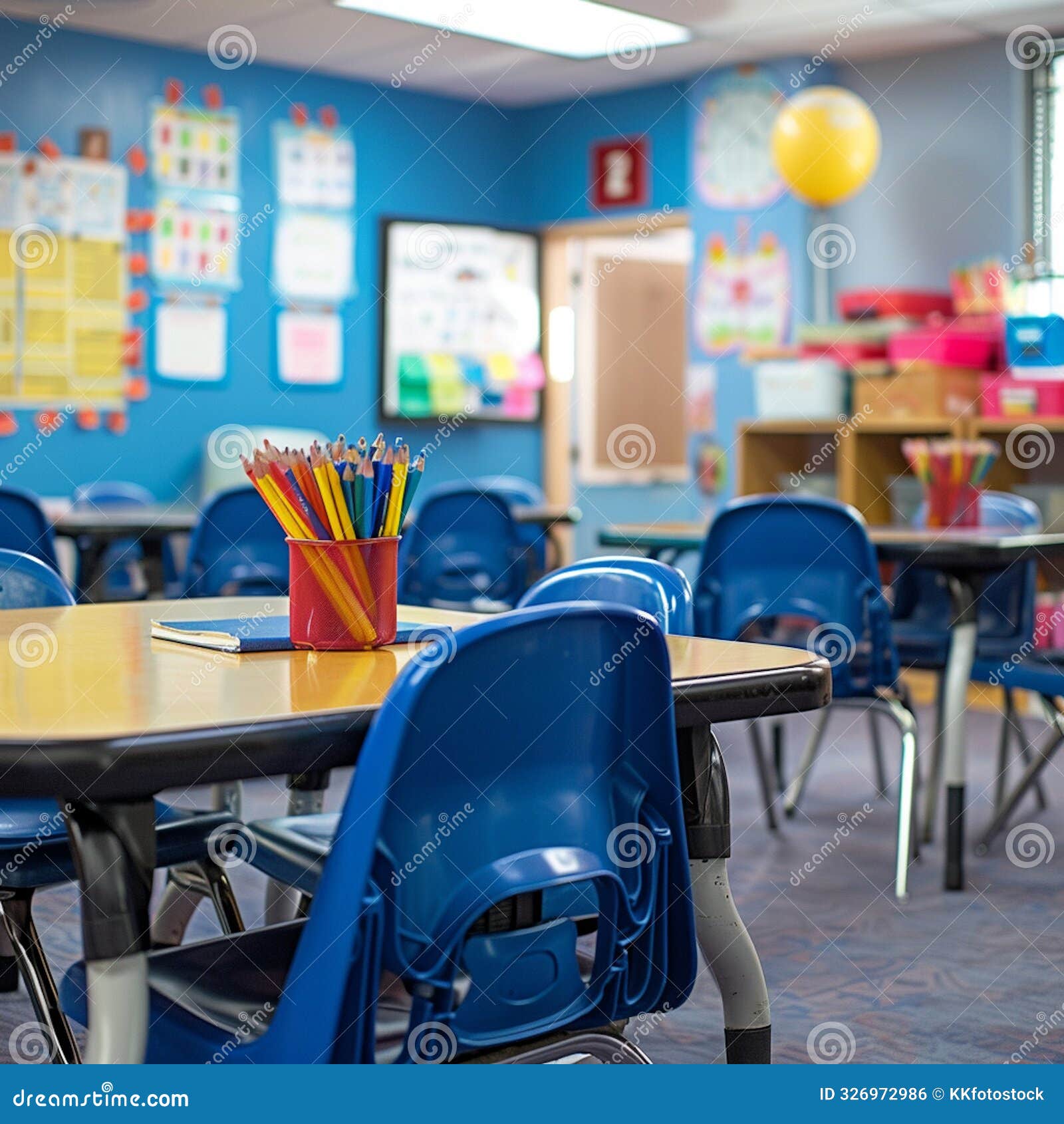 Elementary School Classroom with Tables and Chairs Stock Illustration ...