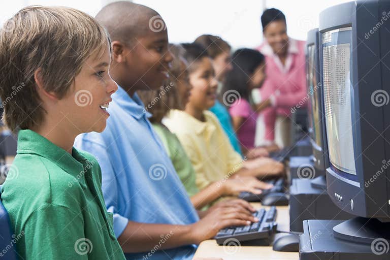 Elementary School Computer Class Stock Image - Image of interracial ...