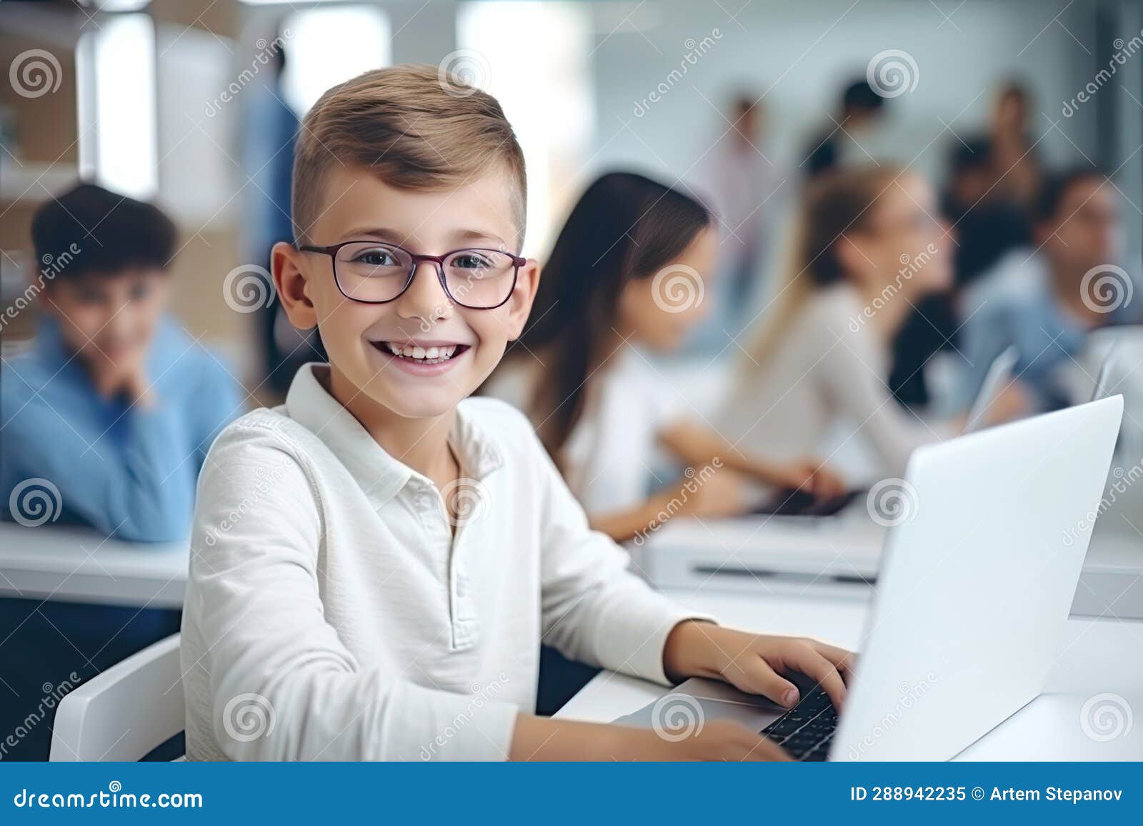 Elementary School Computer Classroom, Smart Children Work on Computers ...