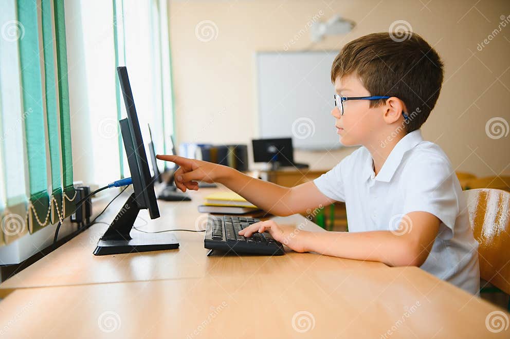 Elementary School Computer Science Classroom, Smart Little Schoolboy ...