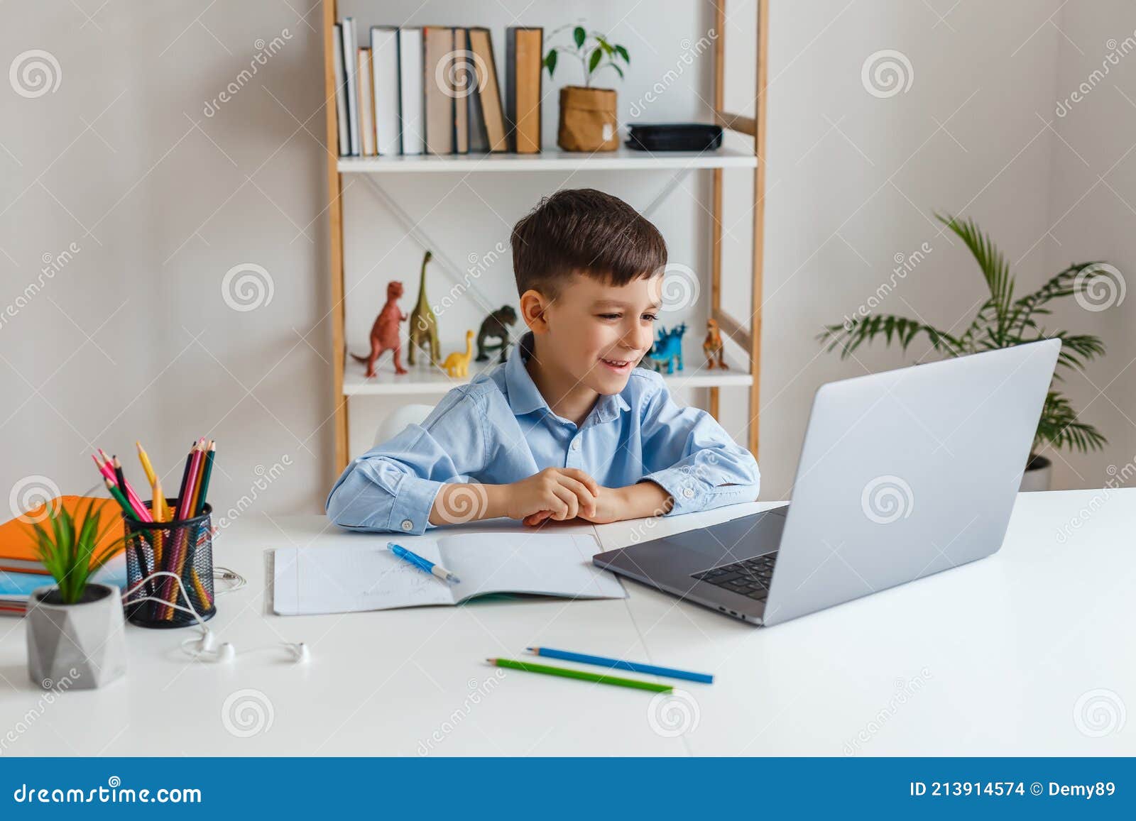 Elementary School E-learning Via Video Call Stock Photo - Image of ...