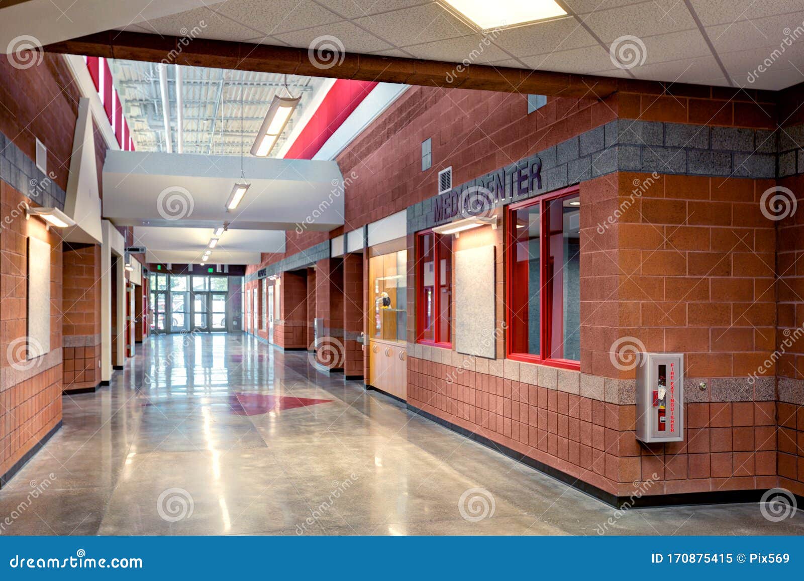 Elementary School Hallway with Exit Doors Stock Image - Image of ...