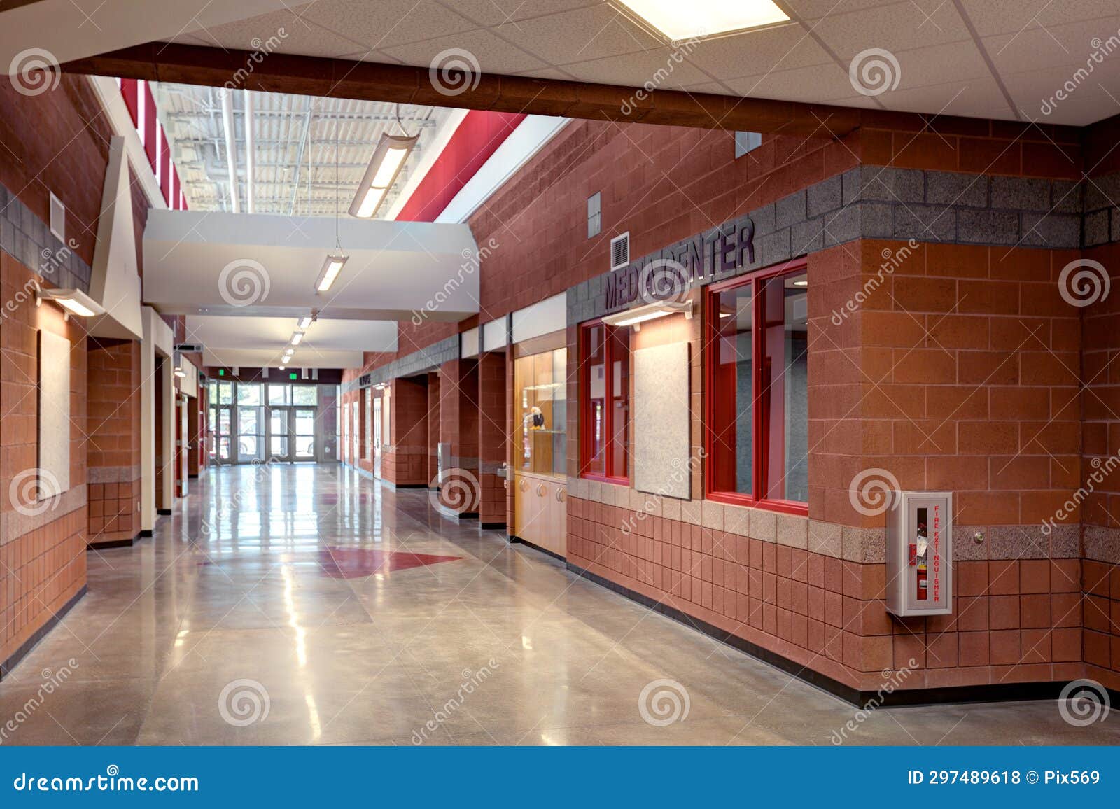 Elementary School Hallway with Exit Doors Stock Photo - Image of ...
