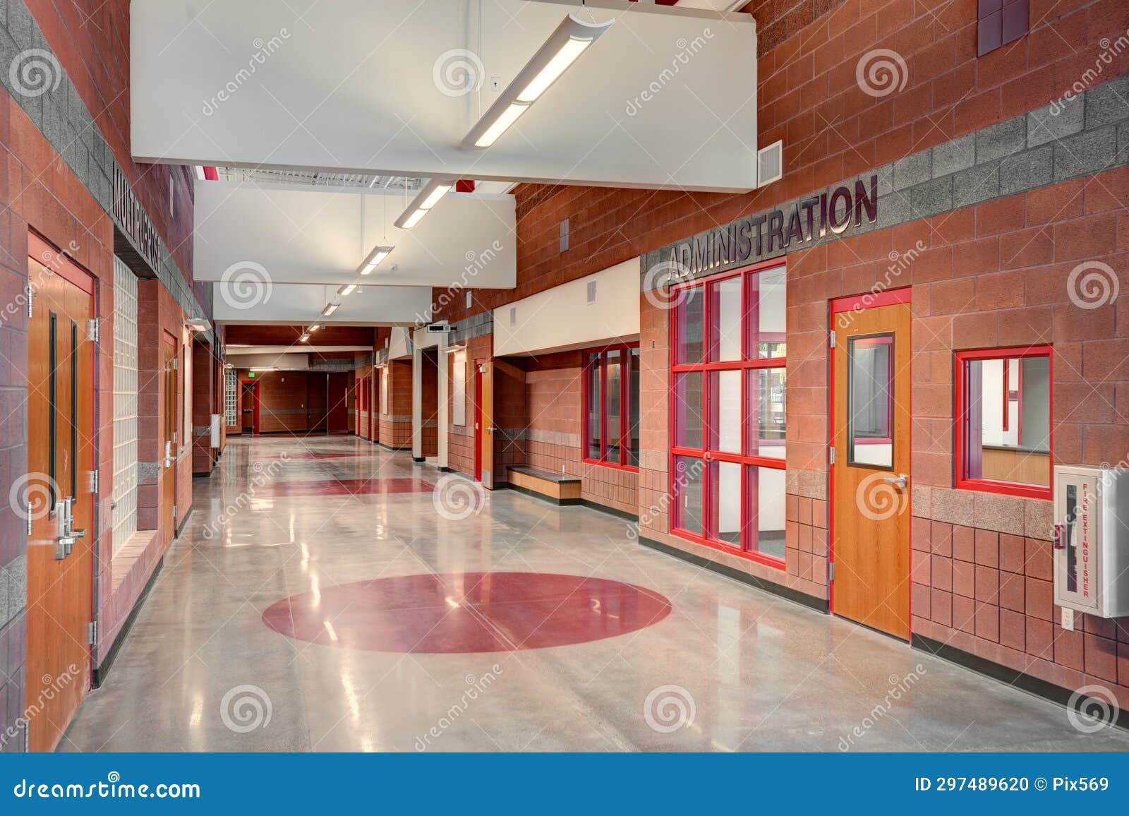 Elementary School Hallway with Exit Doors Stock Photo - Image of ...