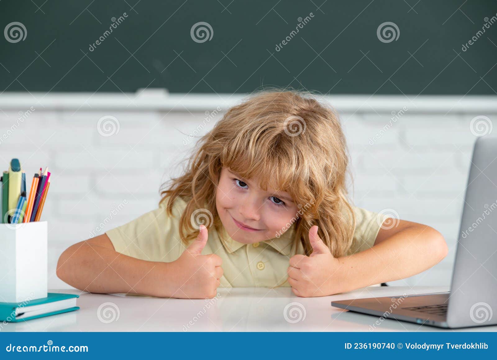 Elementary School Kid with Thumbs Up Working in Computer Class. Stock ...