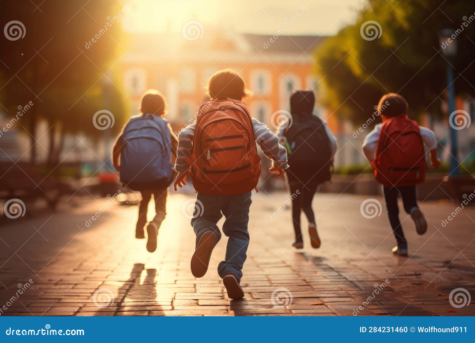 Elementary School Kids from Behind with Backpacks Running. AI Generated ...