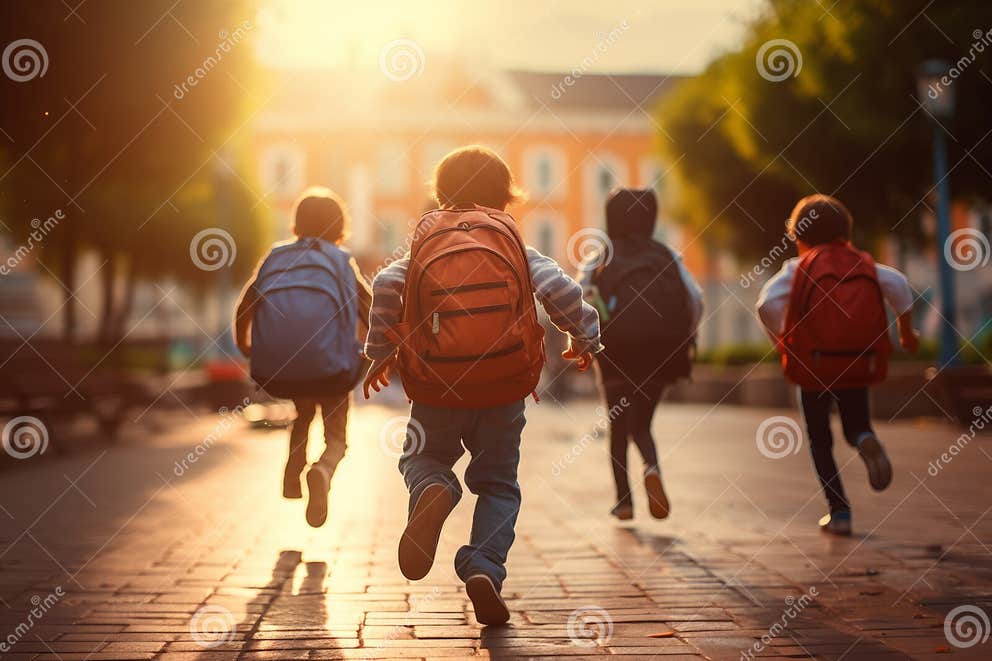 Elementary School Kids from Behind with Backpacks Running. AI Generated ...