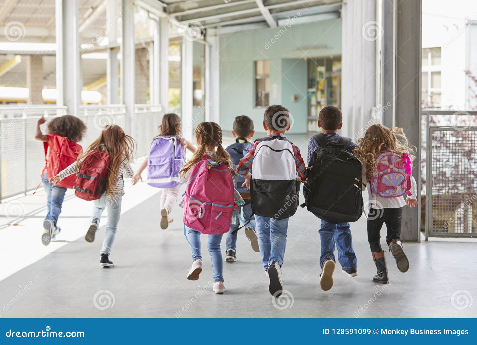Elementary School Kids Run from Camera in Corridor, Close Up Stock ...