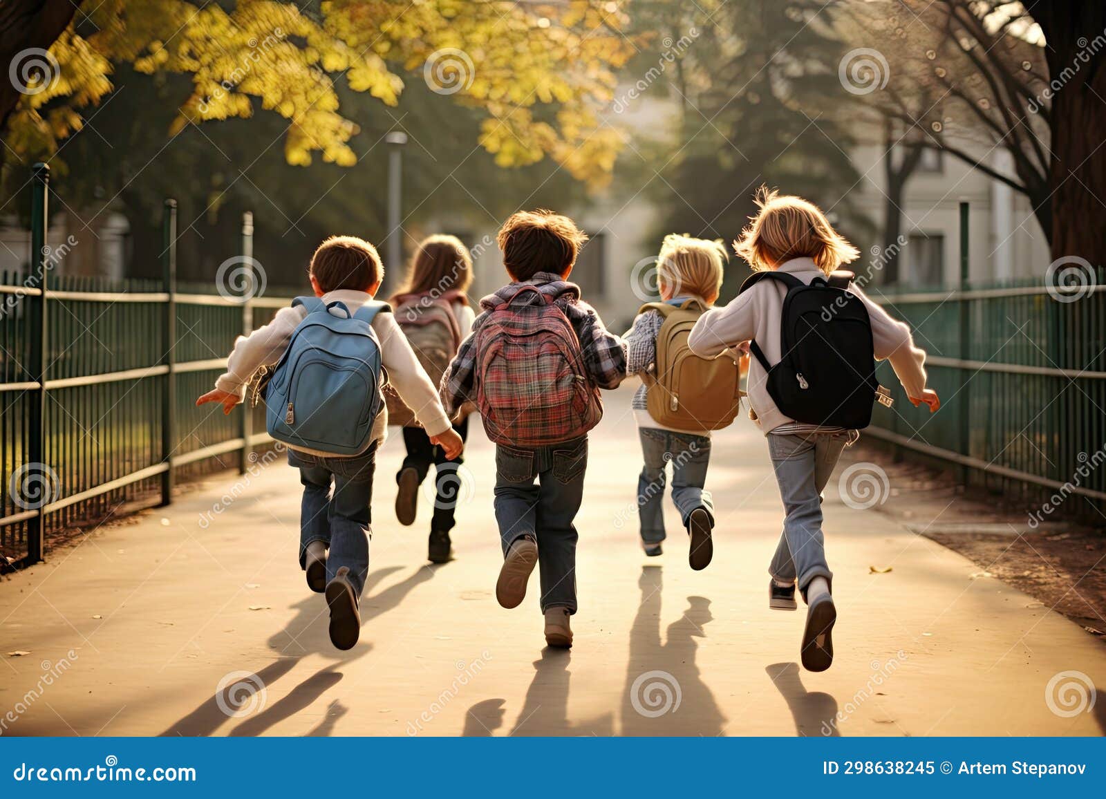 Elementary School Kids Running into School, Fun Kids Return Home ...