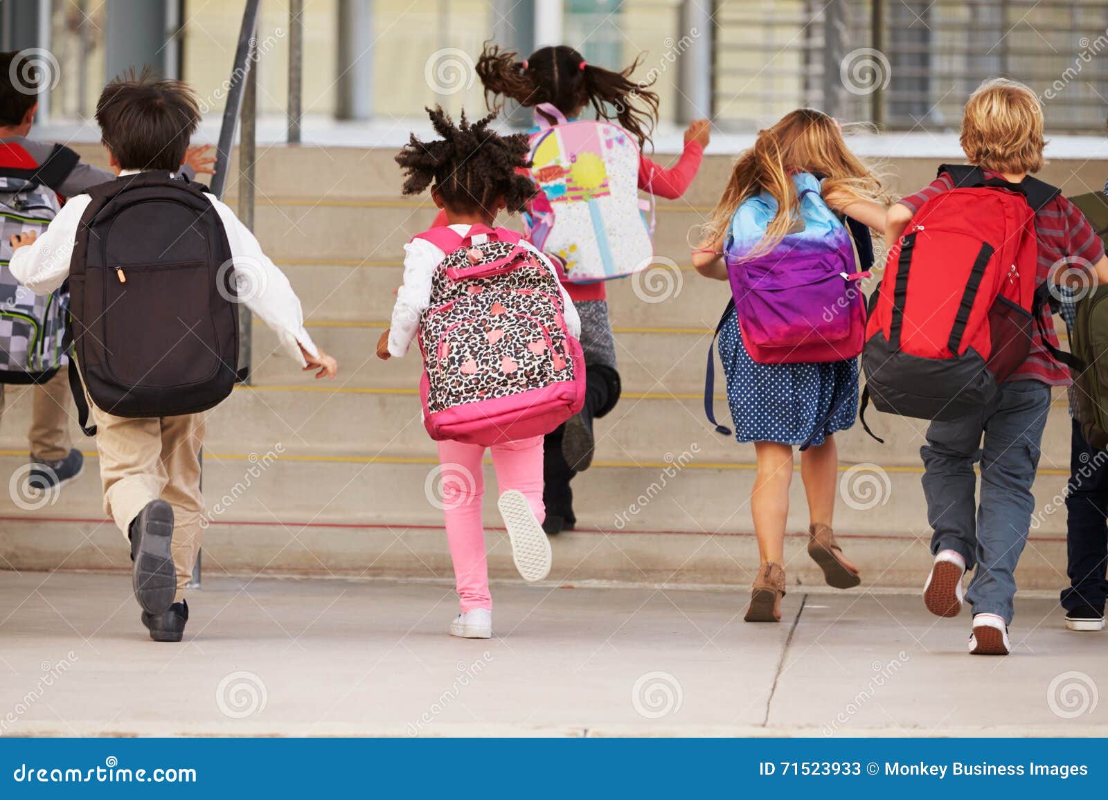 Elementary School Kids Running into School, Back View Stock Image ...