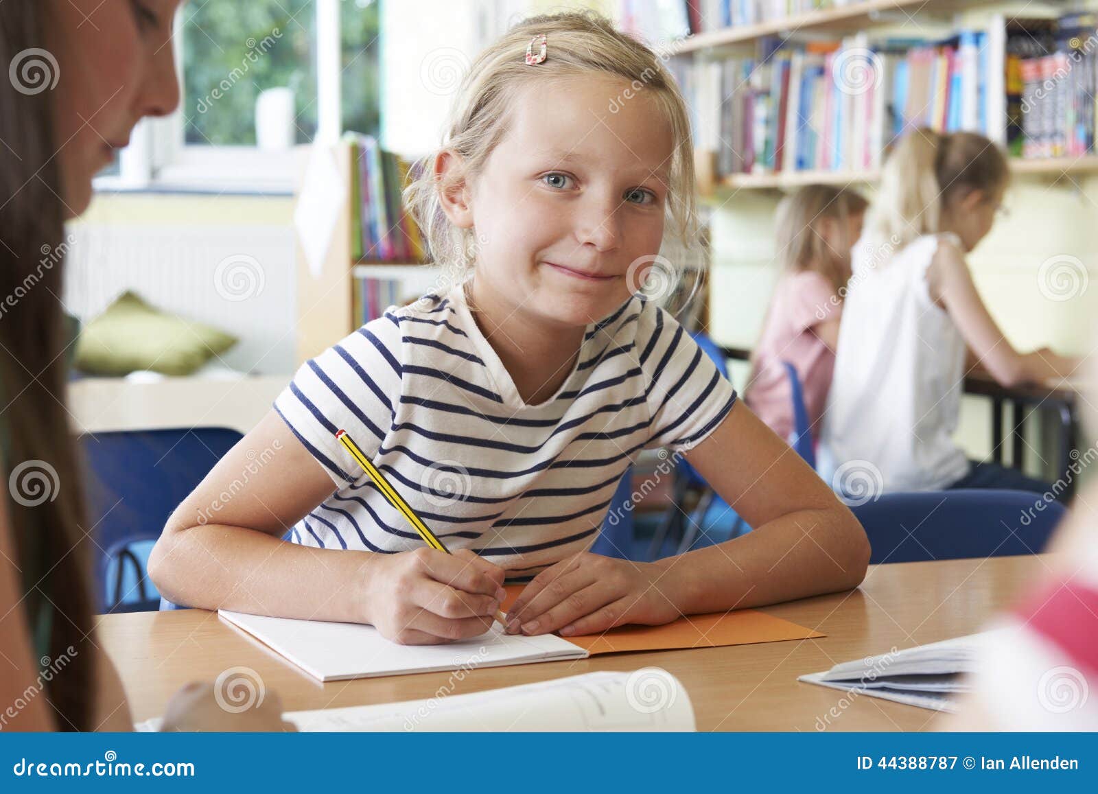 Elementary School Pupil Working at Desk in Classroom Stock Image ...