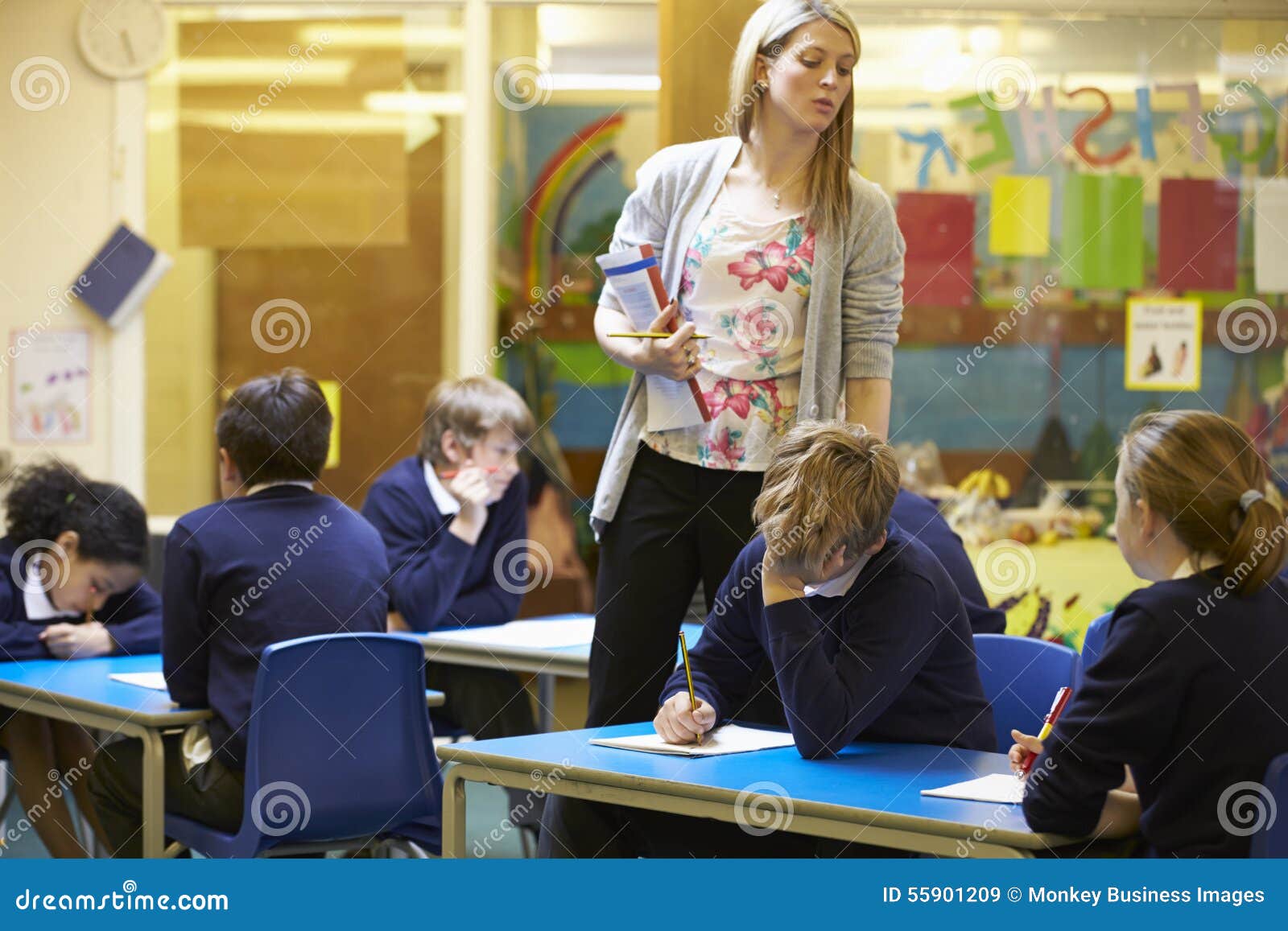 Elementary School Pupils Sitting Examination in Classroom Stock Image ...