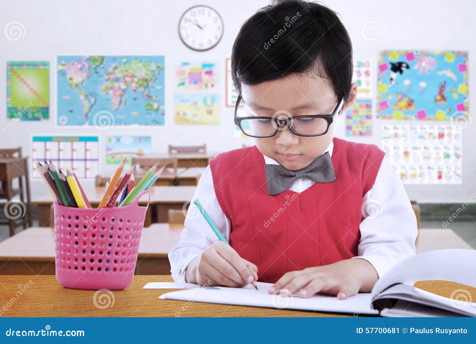 Elementary School Student Drawing on the Paper Stock Image - Image of ...