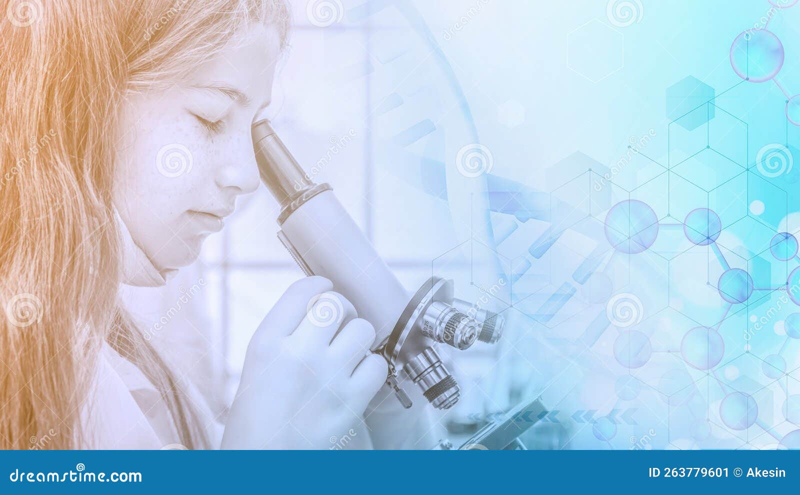 Elementary School Student Girl Uses a Microscope for Science Project in ...