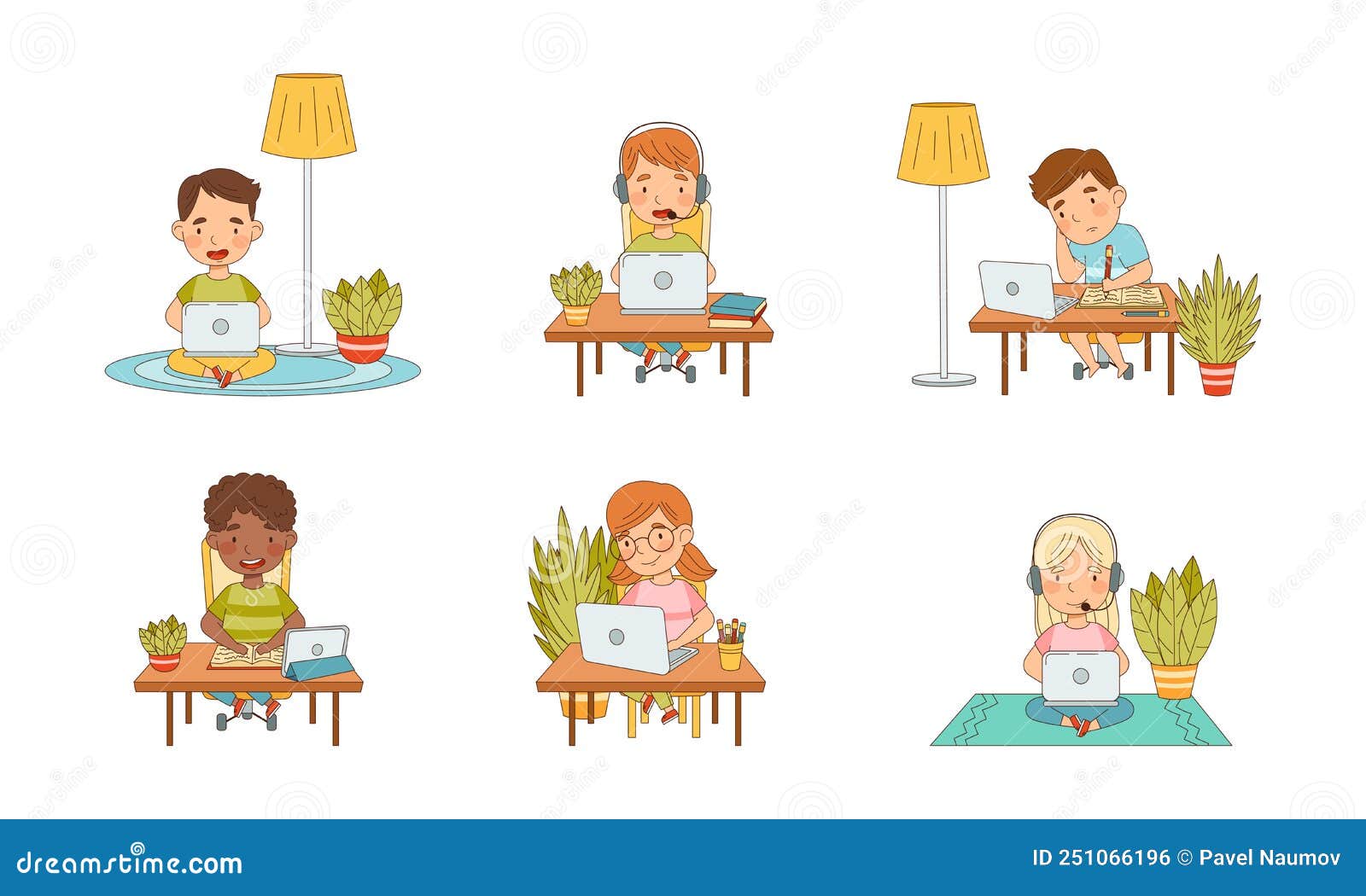 Elementary School Students Learning Online Set. Cute Kids Studying Via ...