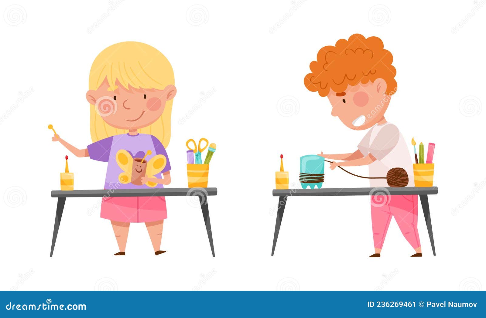 Elementary School Students Making Crafts Set. Children Creativity and ...