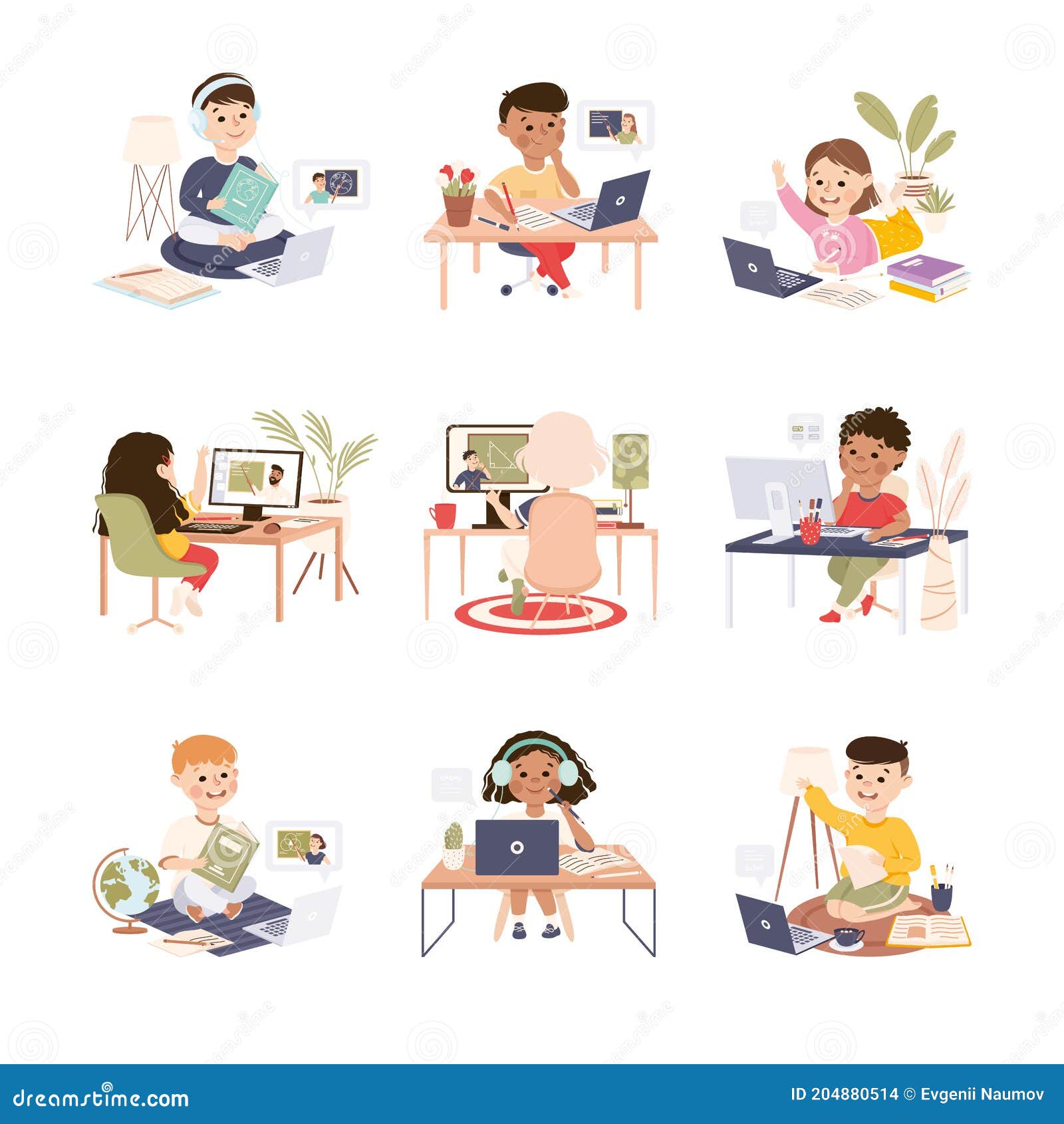 Elementary School Students Studying Online Using Laptop Computers Set ...