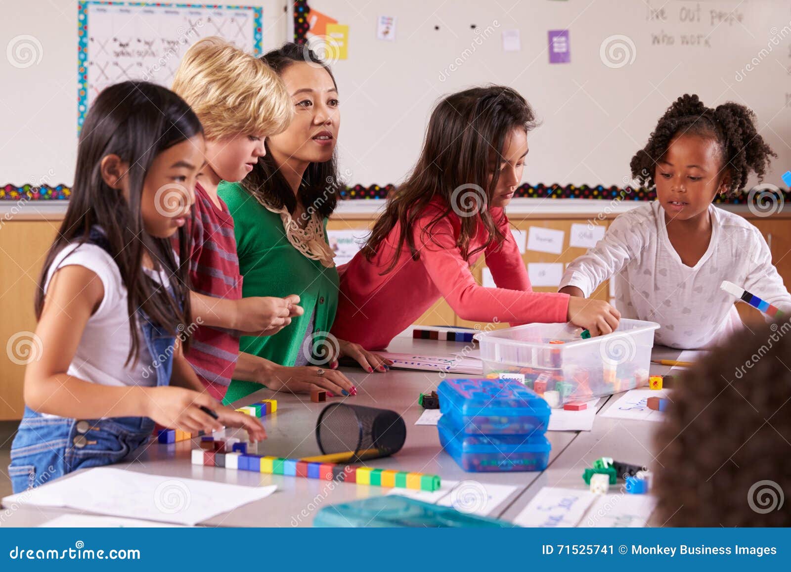 Elementary School Teacher Uses Block Play in Class with Kids Stock ...