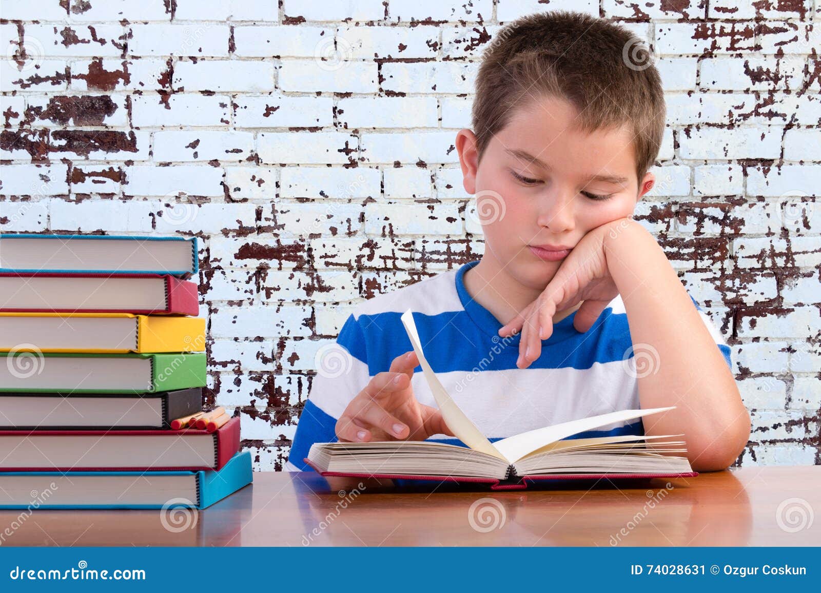 Elementary Age Schoolboy Reading Book In Class Stock Photo ...