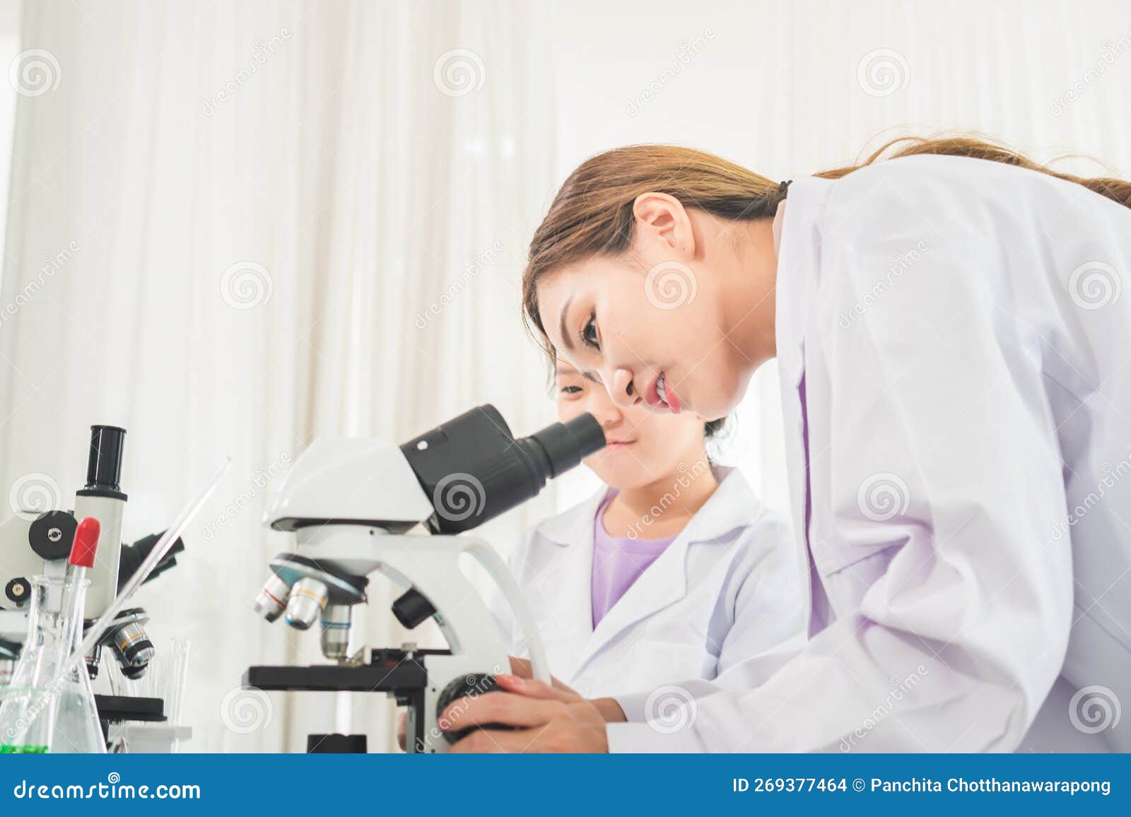 Elementary Science Class, Cheerful Kid Girl with Teacher Scientist in ...