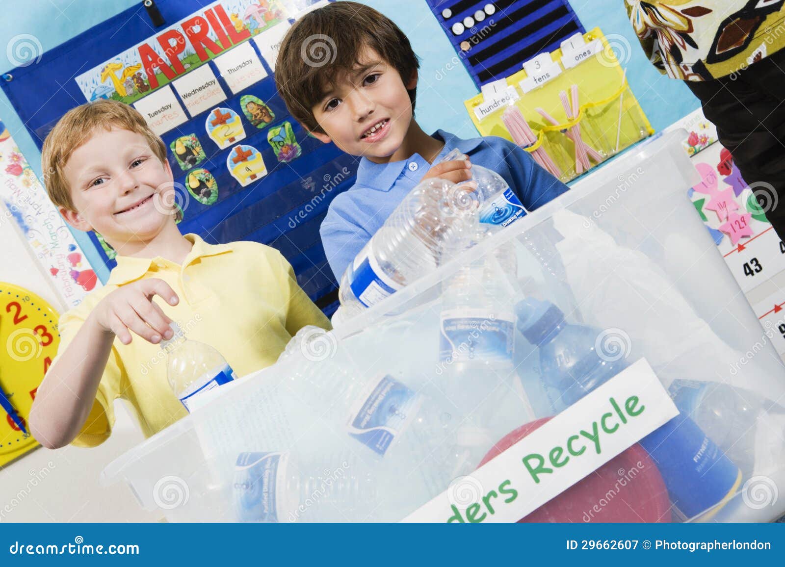 Elementary Students with Recycling Container Stock Image - Image of ...
