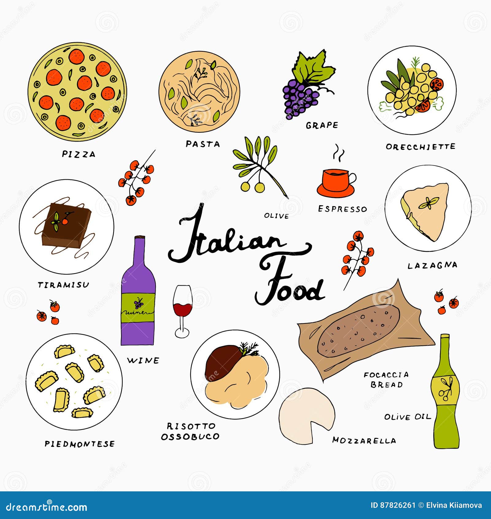 Elementi Disegnati a Mano Dell'alimento Italiano Illustrazione di Stock ...