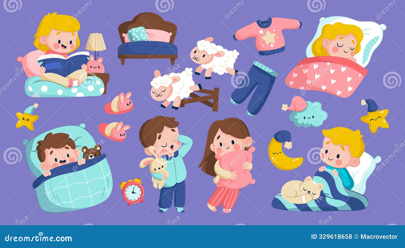 Elementos De Hora De Deitar No Estilo De Desenho Ilustração Stock ...